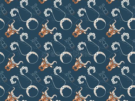 Seamless Pattern For The Zodiac Sign Taurus Hand Drawn Vintage