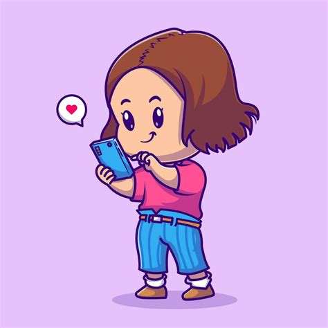 Cute Girl Playing SmartPhone Cartoon Vector Icon Illustration People