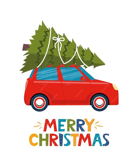 Premium Vector Cute Red Retro Car With Christmas Tree On The Roof