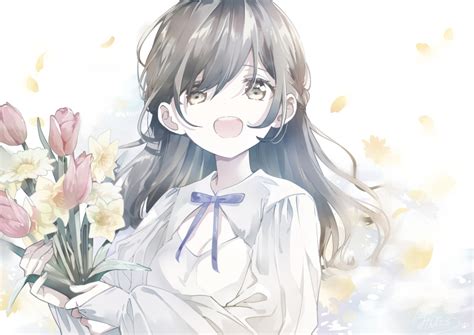 Todo Akira Original Highres Girl Black Hair Blue Ribbon Bouquet Braid Breasts Cleavage
