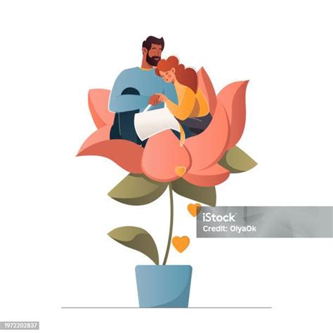가족 지원 및 보살핌의 개념 여자와 남자 사이의 사랑과 신뢰 꽃에서 서로를 껴안고 물을 주는 행복한 커플 가족의 정신 건강 컬러