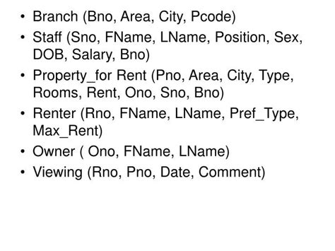 Ppt Branch Bno Area City Pcode Staff Sno Fname Lname