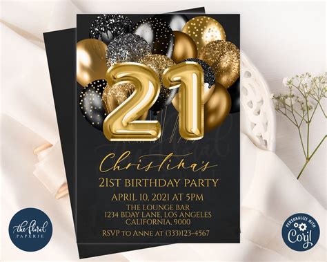 21st Birthday Invitation Template Editable Black And Gold Birthday