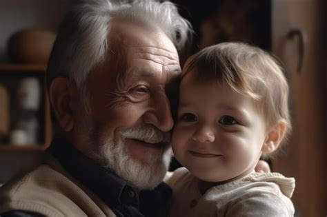 Retrato De Un Abuelo Sonriente Con Su Nieta En Casa Por La Noche Ia