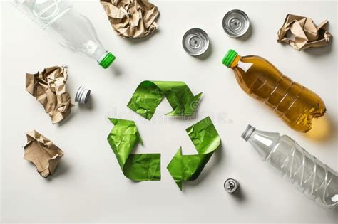Green Recycle Symbol And Diverse Trash Covering A White Table Generative Ai Stock Illustration