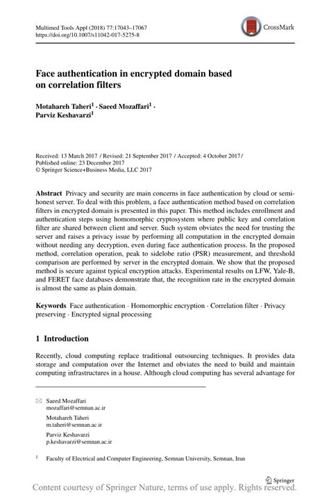Face Authentication In Encrypted Domain Based On Correlation Filters Request Pdf