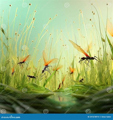 Nature S Tiny Acrobats Macro View Of Insects Balancing On A Blade Of Grass Stock Image Image