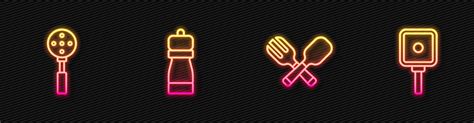 포크와 숟가락 주걱 후추 프라이팬을 교차 하는 줄을 설정 합니다 빛나는 네온 아이콘 벡터 도로 스크레이퍼에 대한 스톡 벡터 아트