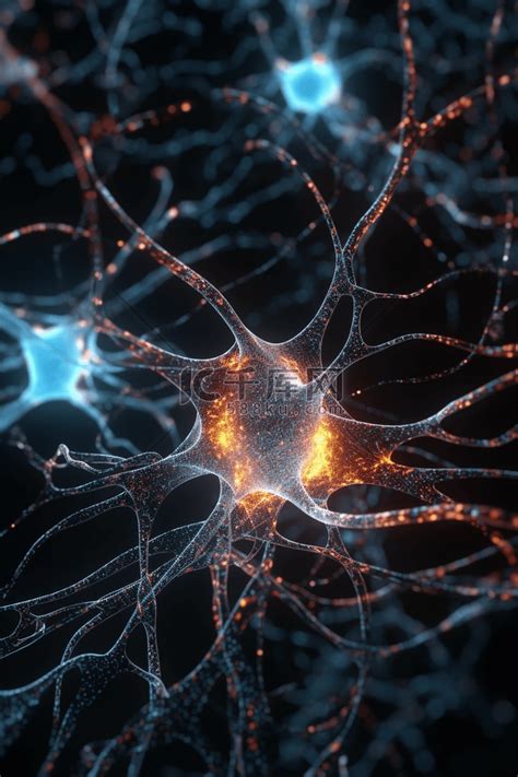 神经网络中神经元信号的神经网络对大脑神经元神经节点神经信号的近距离三维渲染高清摄影大图 千库网