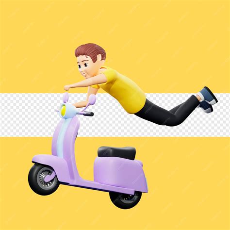 팔과 다리를 올려 스쿠터를 타고 있는 남자의 라스터 일러스트레이션 노란색 티셔츠를 입은 젊은 남자가 오토바이를 타고 비행 배달 운송 속도 교통 규칙 3d 렌더링 예술 작품