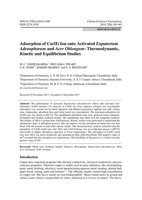 Pdf Adsorption Of Cuii Ion Onto Activated Eupatorium Adenophorum