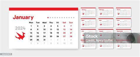 러시아어 2024 달력 월요일 날짜 그리드입니다 수평 책상 플래너 몇 주씩 한 해를 계획합니다 단순한 레드 드래곤 오거나이저 시트 현대적인 비즈니스 디자인 벡터 사무실 일정