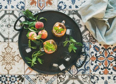 Summer Refreshing Cold Peach Ice Tea In Jars On Tray Stock Image