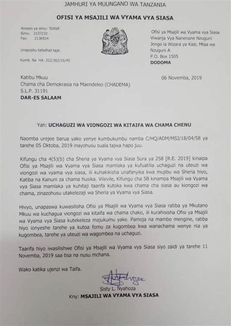 Msajili Wa Vyama Vya Siasa Awalima CHADEMA Barua Nyingine Nijuze Habari