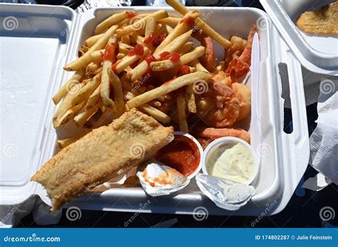 Fried Shrimp And Fish To Go Stock Image Image Of Seafood Styrofoam