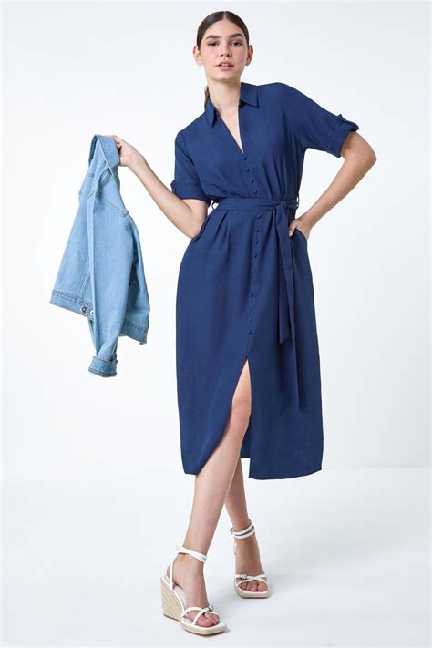 Navy Textured Belted Midi Shirt Dress Roman Uk