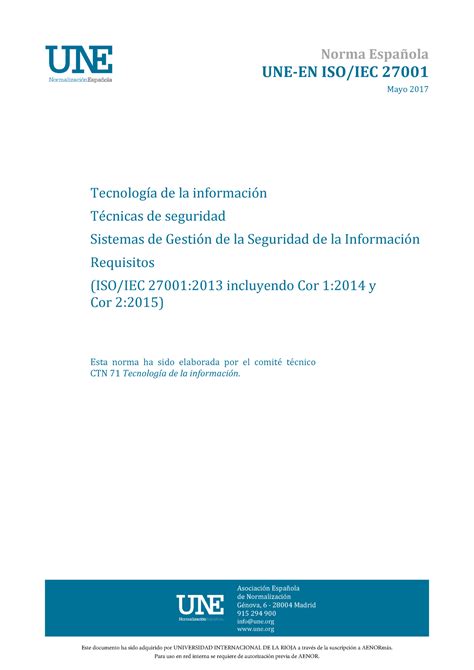 Une En Iso Iec 27001 2017 Sistemas De Gestión De La Seguridad De La