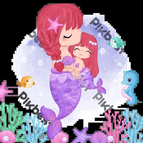 水彩イラストでかわいい人魚のお母さんと赤ちゃん イラスト フリー素材 EPS無料ダウンロード Pikbest