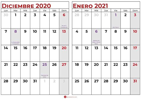 Calendario Diciembre 2020 Enero 2021