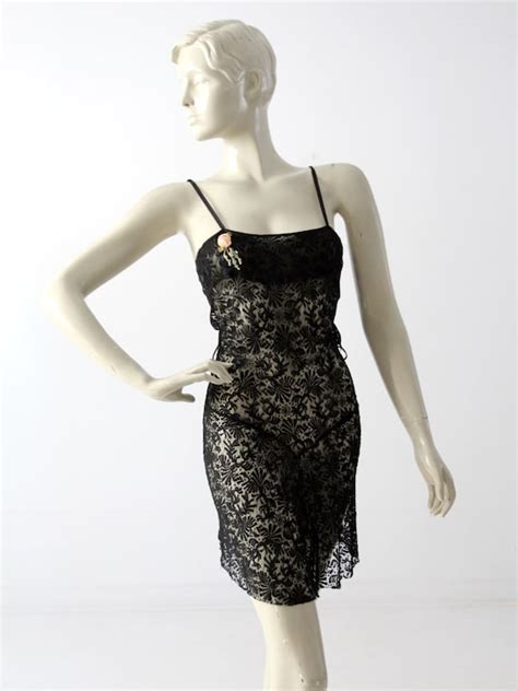 1930s Black Lace Negligee Slip Vintage Nightie Linge Gem