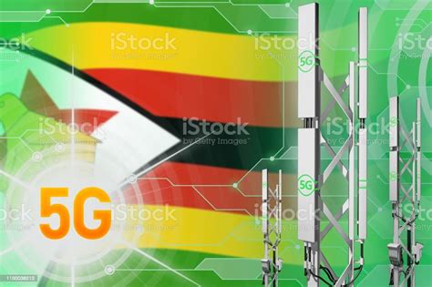 짐바브웨 5g 산업 그림 국기와 함께 디지털 배경에 큰 셀룰러 네트워크 마스트 또는 타워3d 그림 0명에 대한 스톡 사진 및