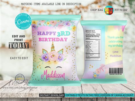 Glossy Labels Unicorn Bag Brochure Paper Printed Birthday Chip Bags
