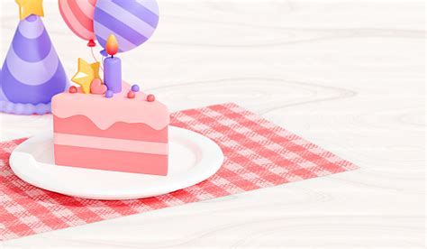 촛불을 가진 생일 케이크의 3d 조각 생일 축하 파티 배너 배경입니다 풍선과 파티 모자가 있는 축제 테이블 기념일 축하 만화 크리 에이 티브 디자인 일러스트 벽지 3d