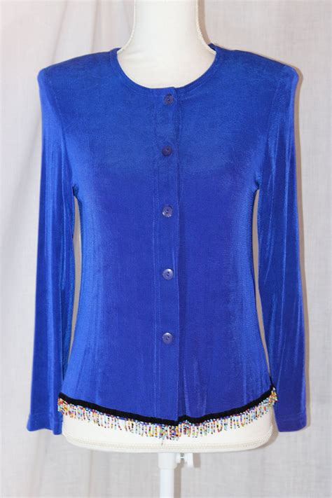 Vintage Softwear Mark Singer Blue Beaded Fringe Acetate Stretch Blend Button Down Long Sleeve