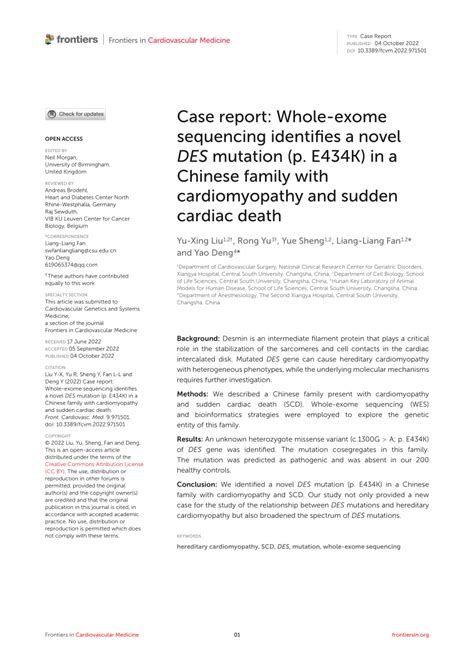 Pdf Case Report Whole Exome Sequencing Identifies A Novel Des Mutation P E434k In A