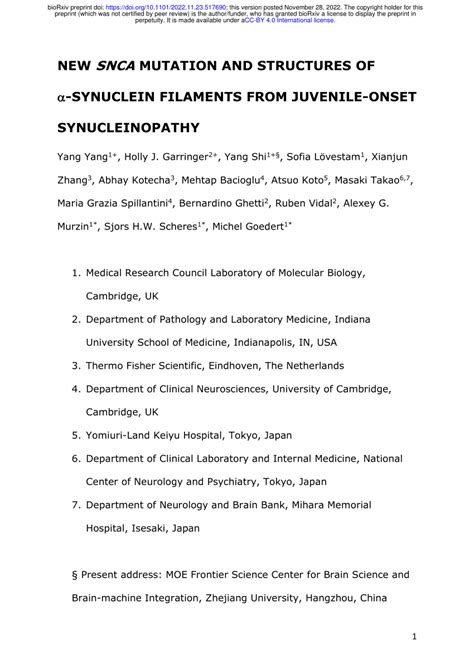 Pdf New Snca Mutation And Structures Of α Synuclein Filaments From