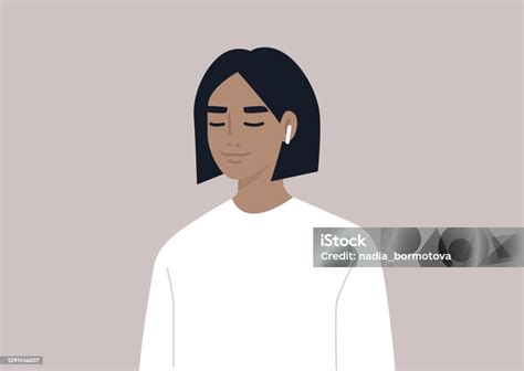음악을 듣고 조용하고 편안한 분위기 스트레스 릴리프를 듣는 젊은 여성 캐릭터 듣기에 대한 스톡 벡터 아트 및 기타 이미지
