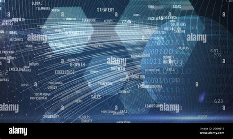 image of business text and light trails over globe with binary coding