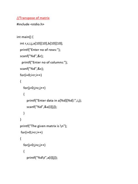 Transpose Of Matrix In C Program Pdf