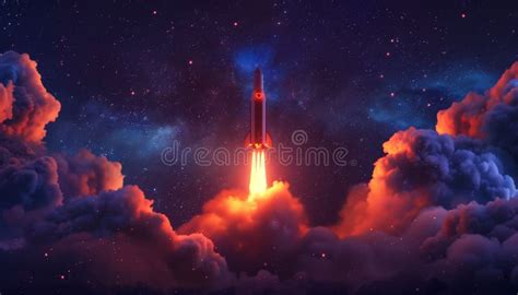 Rocket Launch Into Night Sky Modern Technology And Blast For Travel And Space Exploration