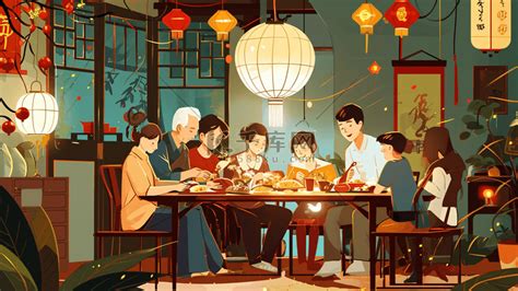 中国春节过年一家人吃团圆饭的16插画图片 千库网