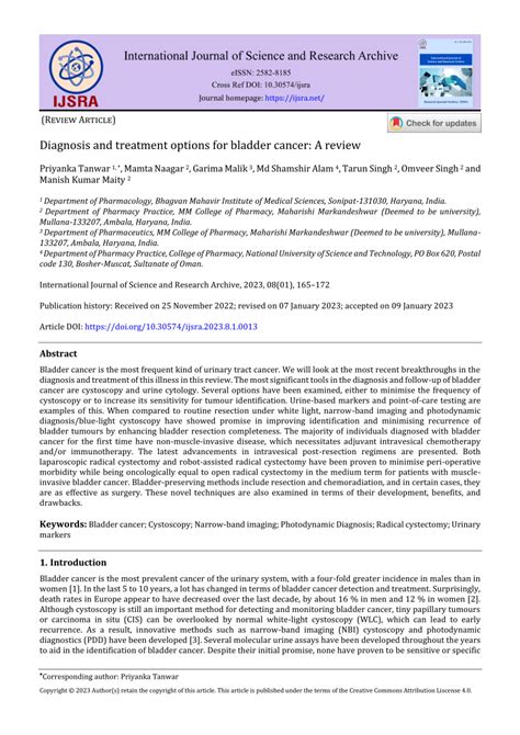 PDF Diagnosis And Treatment Options For Bladder Cancer A Review