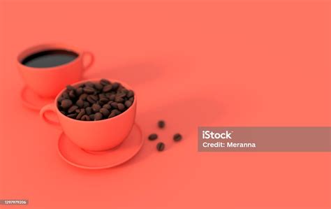 커피 한 잔과 사실적인 커피 콩 3d 렌더링 배경 커피 콩의 질량을 닫습니다 파스텔 색상 갈색에 대한 스톡 사진 및 기타 이미지 Istock