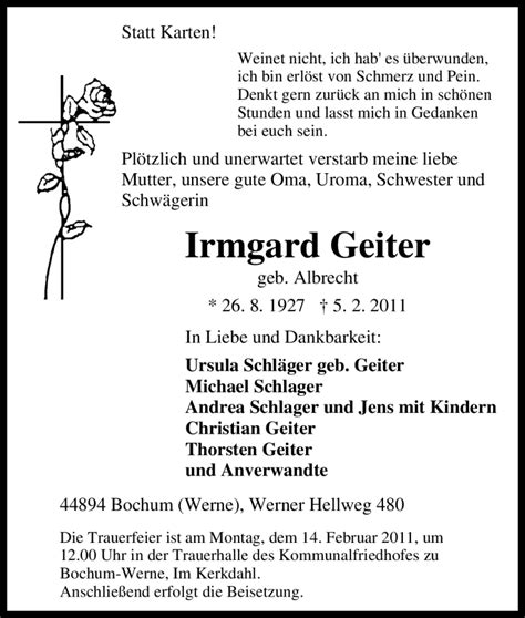 Traueranzeigen Von Irmgard Geiter Trauer In Nrw De