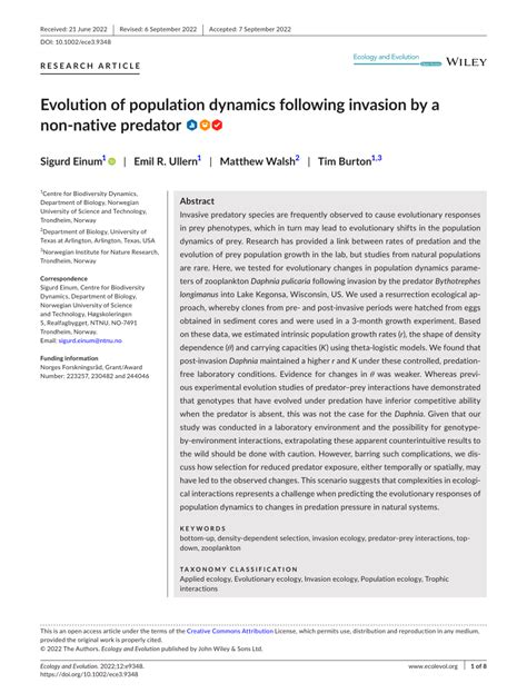Pdf Evolution Of Population Dynamics Following Invasion By A Non‐native Predator