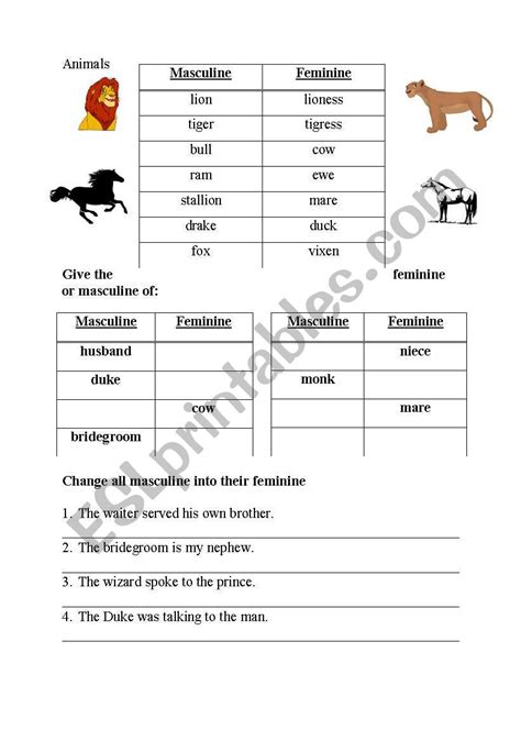 Masculine And Feminine Worksheet2 Esl Worksheet By Loveheart