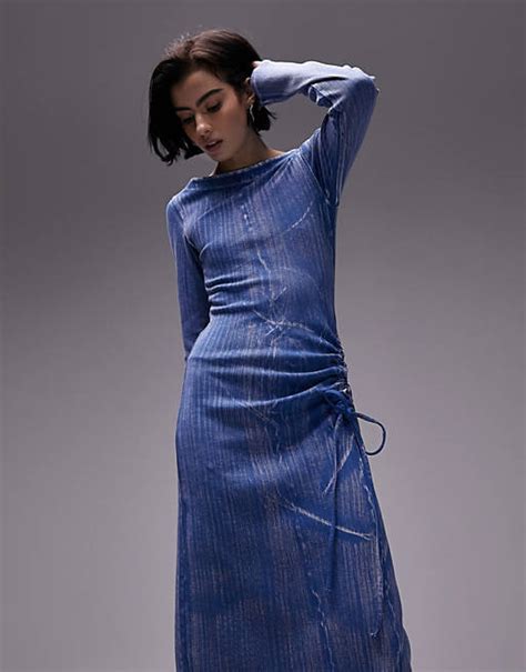 Topshop Acid Wash Ruch Side Midi Dress In Blue Asos