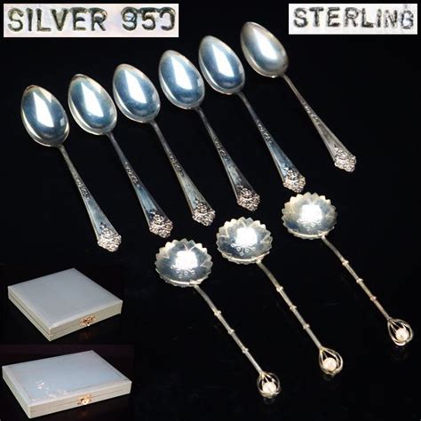 【目立った傷や汚れなし】【治】silver950・sterling 銀匙・スプーン 九点まとめて各箱付 銀重計77g シルバー スプーン