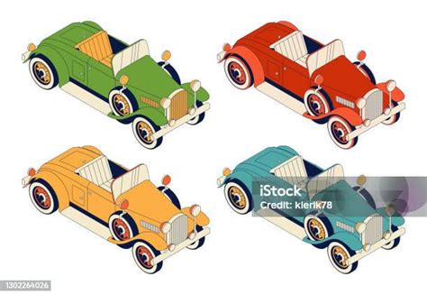 복고풍 자동차 컨버터블 세트 흰색 배경에 고립 된 30 년대 녹색과 빨간색 노란색과 파란색에서 빈티지 자동차 벡터 일러스트레이션 등측투영법에 대한 스톡 벡터 아트 및 기타