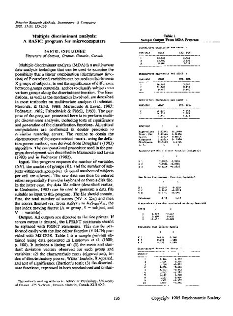 Pdf Multiple Discriminant Analysis A Basic Program For
