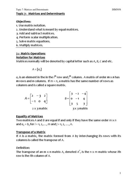 Topic 7 Matrices And Determinants Objectives Pdf Determinant