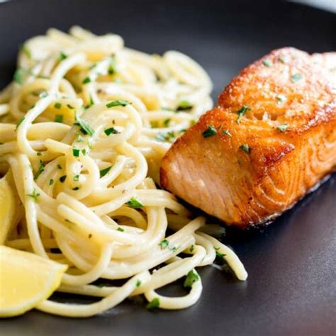 Pan Seared Salmon With Creamy Lemon Pasta Sprinkles And Sprouts