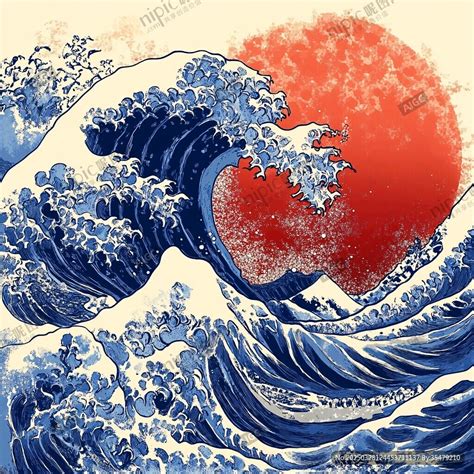 Ai创作图神奈川 冲浪 海浪 红日 浮世绘 画作 艺术 蓝色 白色 波涛 汹涌 浪花 海洋 风景 日本 昵图网