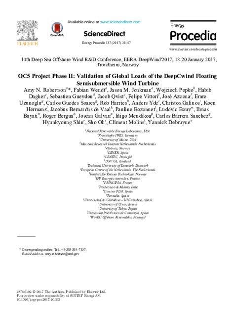 Pdf Oc5 Project Phase Ii Validation Of Global Loads Of The Deepcwind