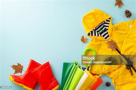 가을의 아름다움 파스텔 블루 배경에 아이의 노란 비옷 빨간 고무신 장난기 넘치는 무지개 우산 단풍잎 솔방울이 머리 위로 구성되어 텍스트나 광고를 위한 공간을 제공합니다