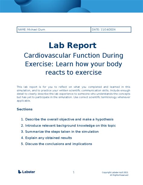 Lab Report Cardiovascular Function During Exercise Learn How Your Body Reacts To Exercise Name